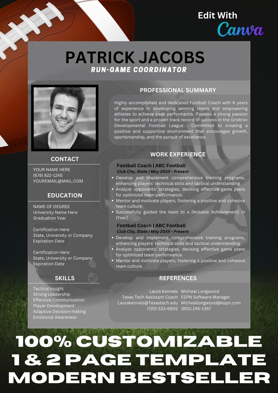 Football Coach Resume Template 2024 | 1 & 2 Page 100% Customizable CV ...