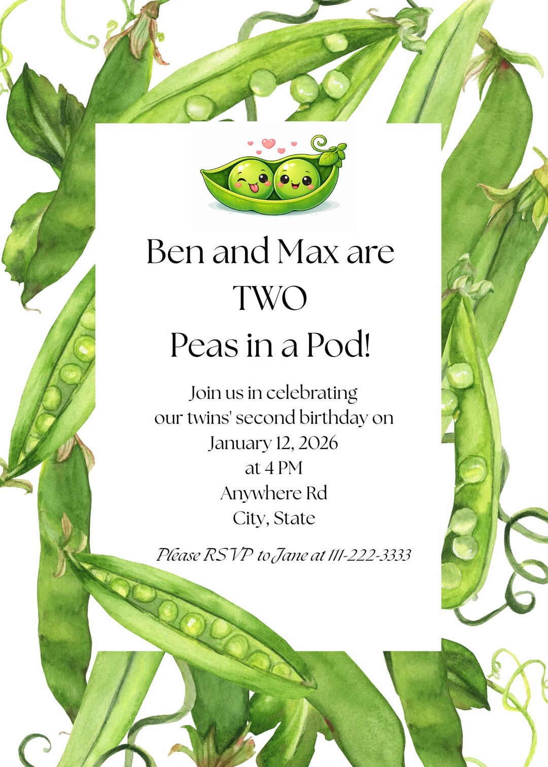 Two Peas in a Pod Birthday Invitation - Etsy