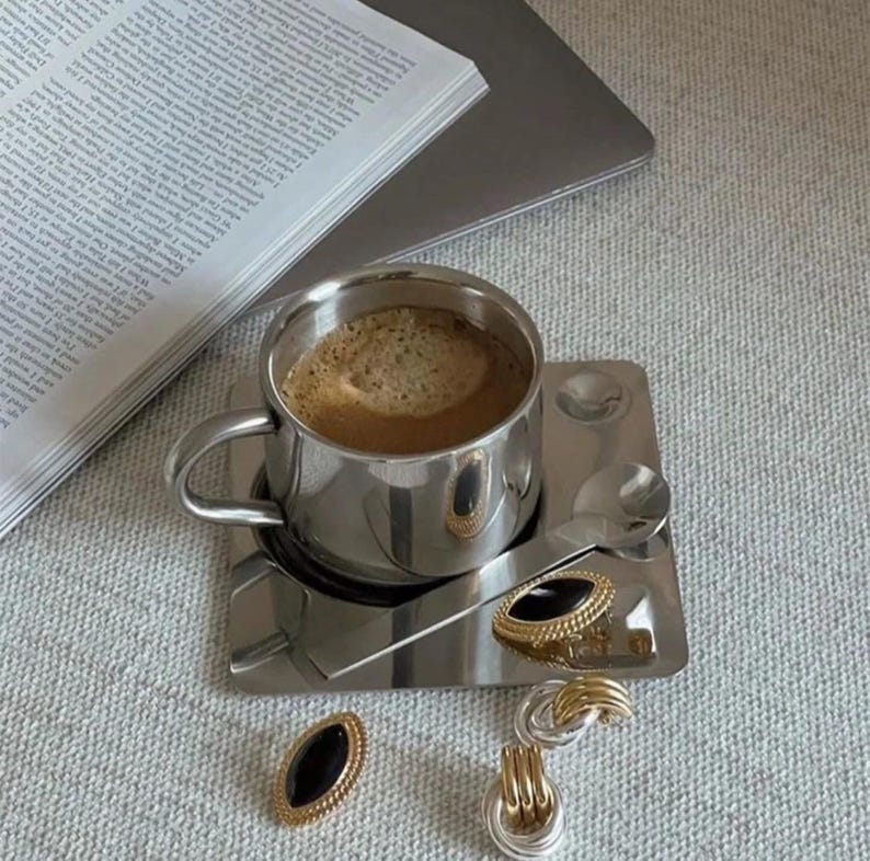 Elegant Stainless Steel Mug Set With Plate N Spoon Perfect for Home ...