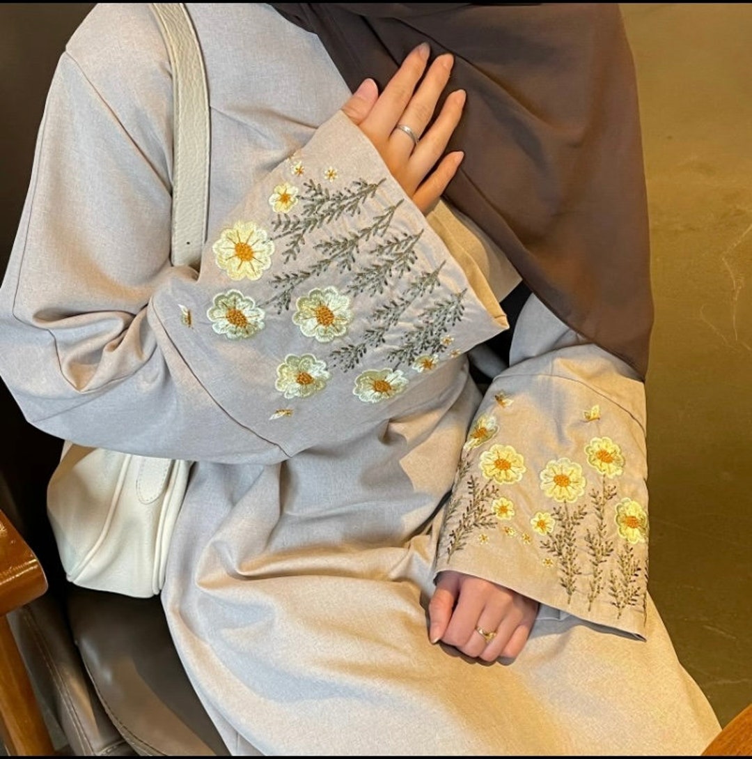 Floral Embroidery Closed Abaya Linen Modest Eid Lavender Sunflower ...