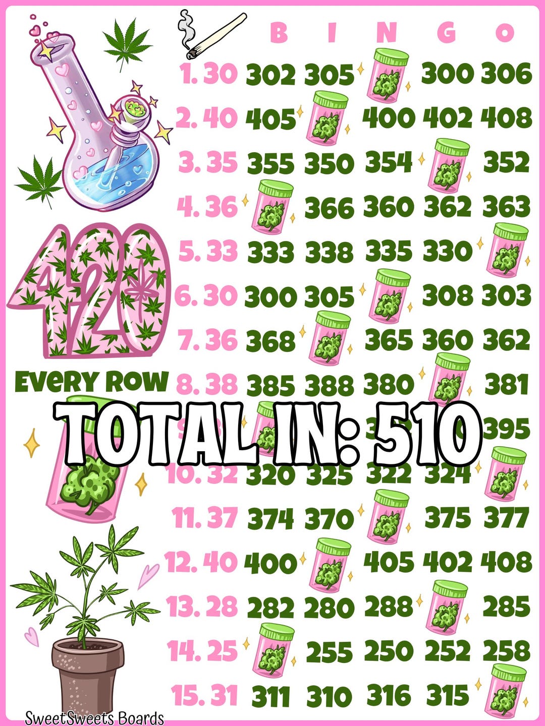 420 in Every Row With Profit Bingo Board Graphic, PYP Pick Your Prize ...