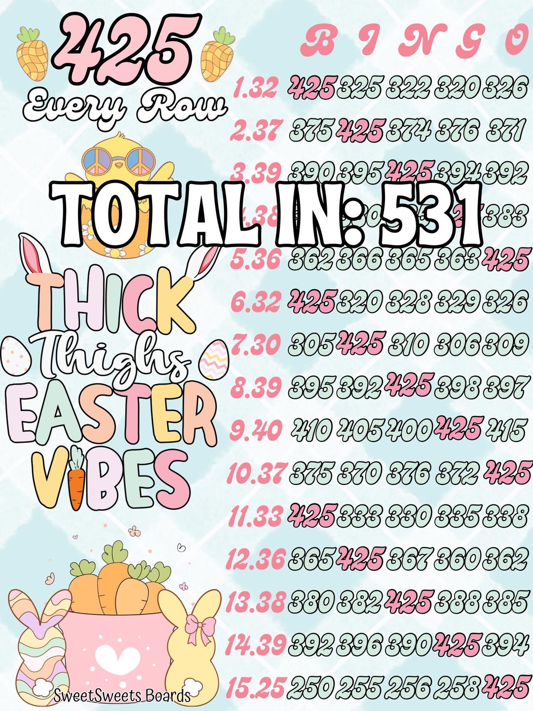 425 in Every Row With Profit Bingo Board Graphic, PYP Pick Your Prize ...