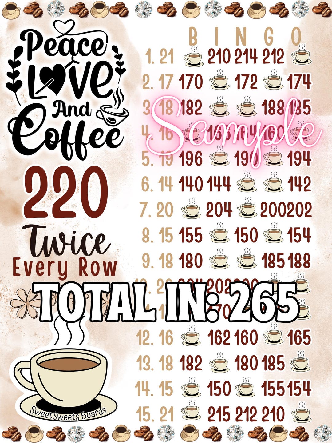 220 Twice in Every Row With Profit Bingo Board Graphic, PYP Pick Your ...