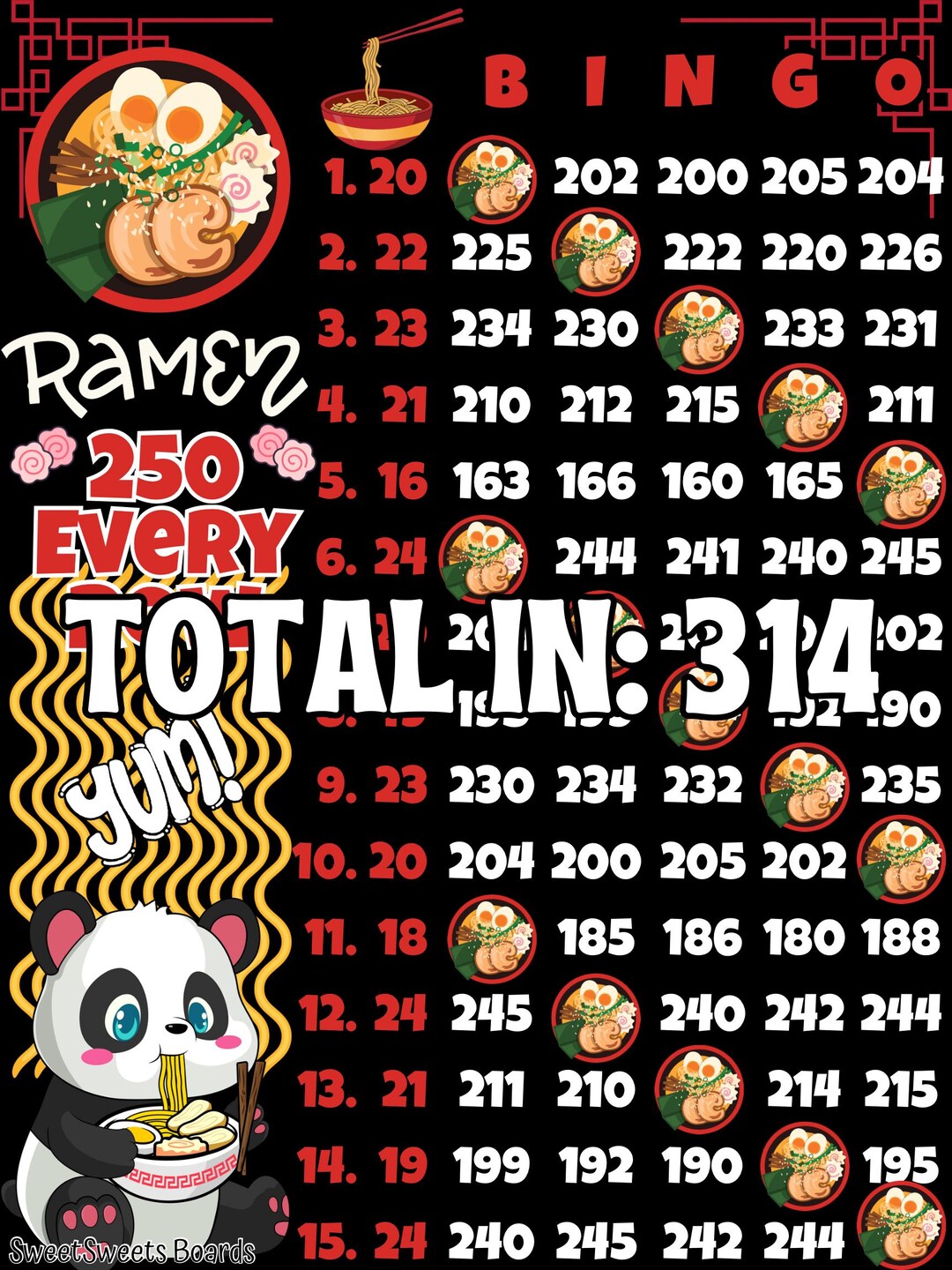 250 in Every Row With Profit Bingo Board Graphic, PYP Pick Your Prize ...
