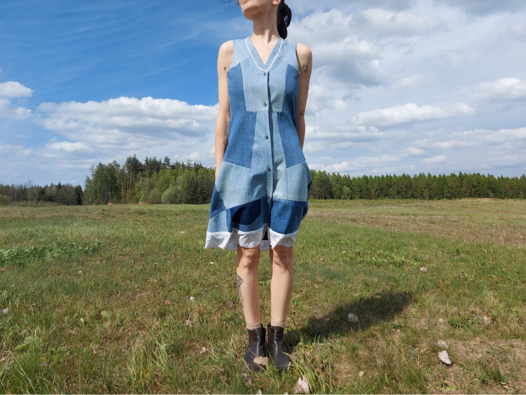 Punk Patchwork Denim Sundress: Geometric Jean Dress, Vintage Buttons - Etsy
