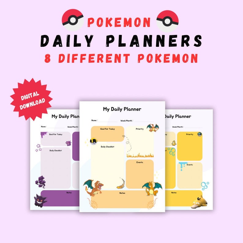 Pokémon Daily Planner BUNDLE 8 Pokémon Charizard, Pikachu, Psyduck ...