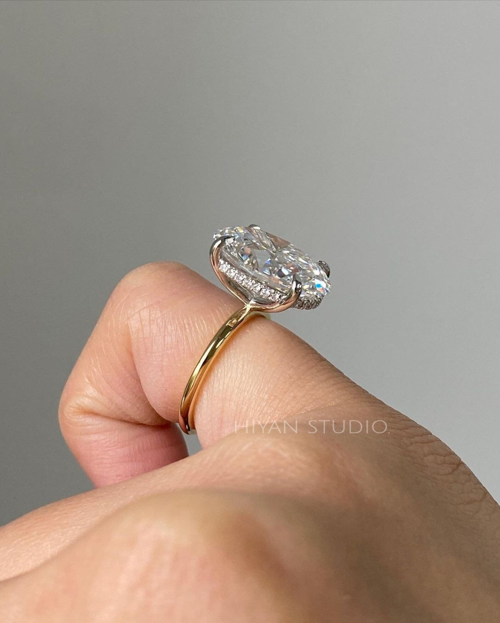 6 CT Elongated Oval Cut Engagement Ring, 14k Solid Yellow Gold Hidden ...