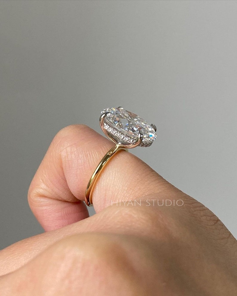 6 CT Elongated Oval Cut Engagement Ring, 14k Solid Yellow Gold Hidden ...