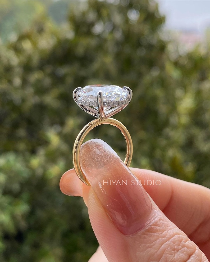 6 CT Elongated Oval Cut Engagement Ring, 14k Solid Yellow Gold Hidden ...