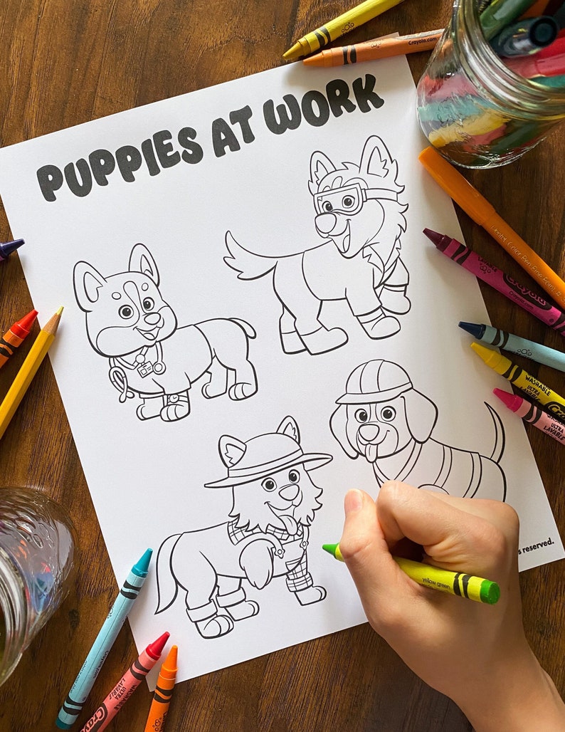 Printable puppies at Work Coloring Page for Kids - Etsy