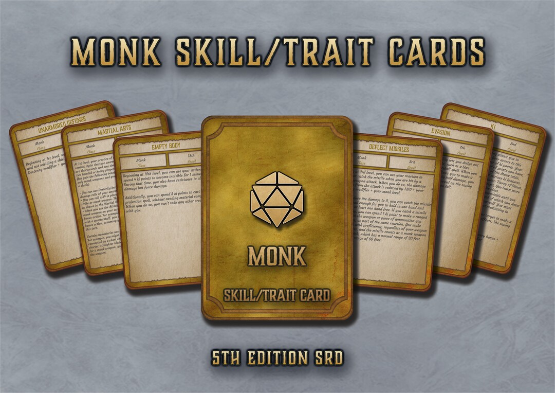 Dnd Monk Skills and Traits Cards Character Skill Cards 5th Edition ...