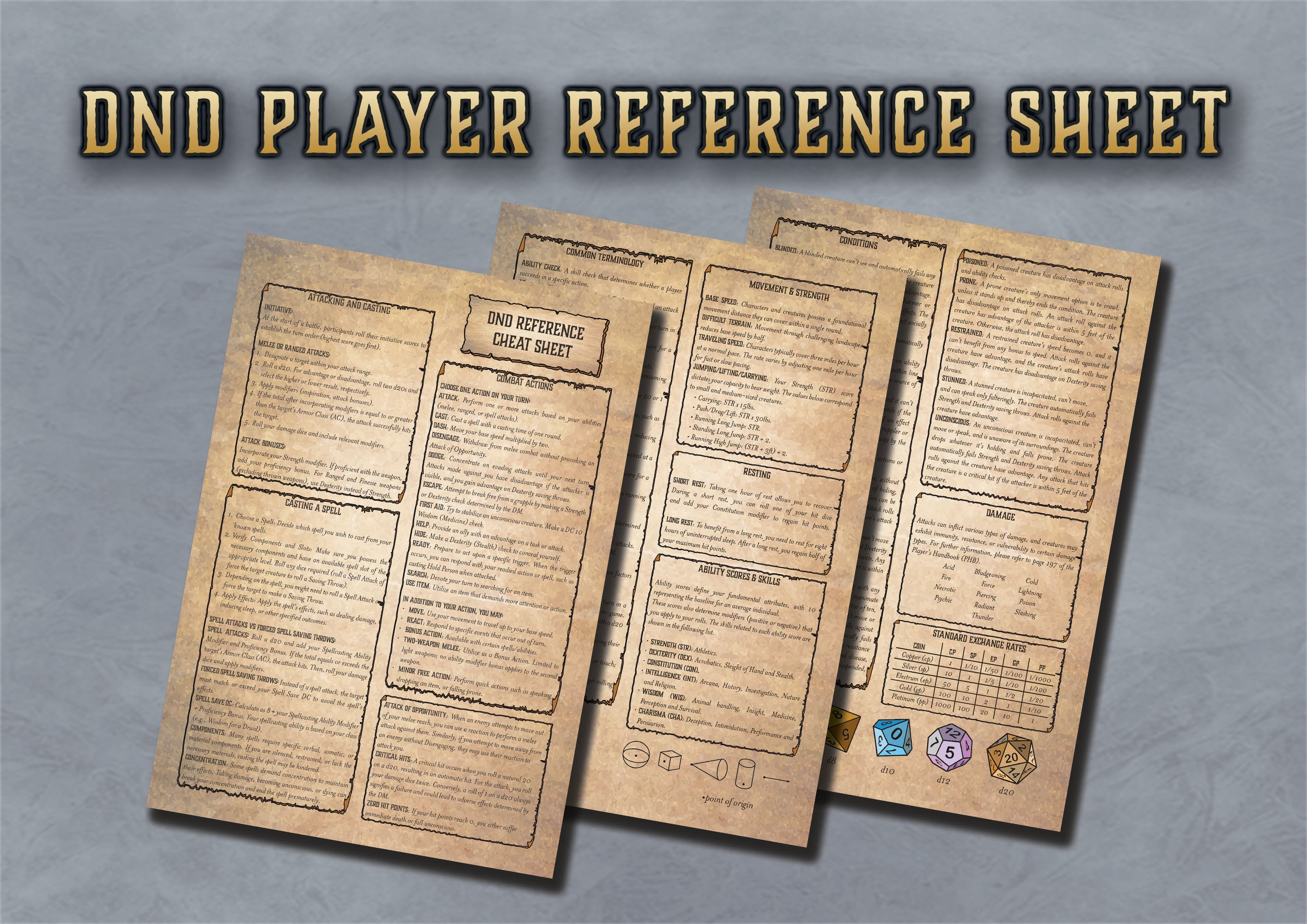 Dnd Player Reference Cheat Sheet Character Skill Cards 5th Edition ...