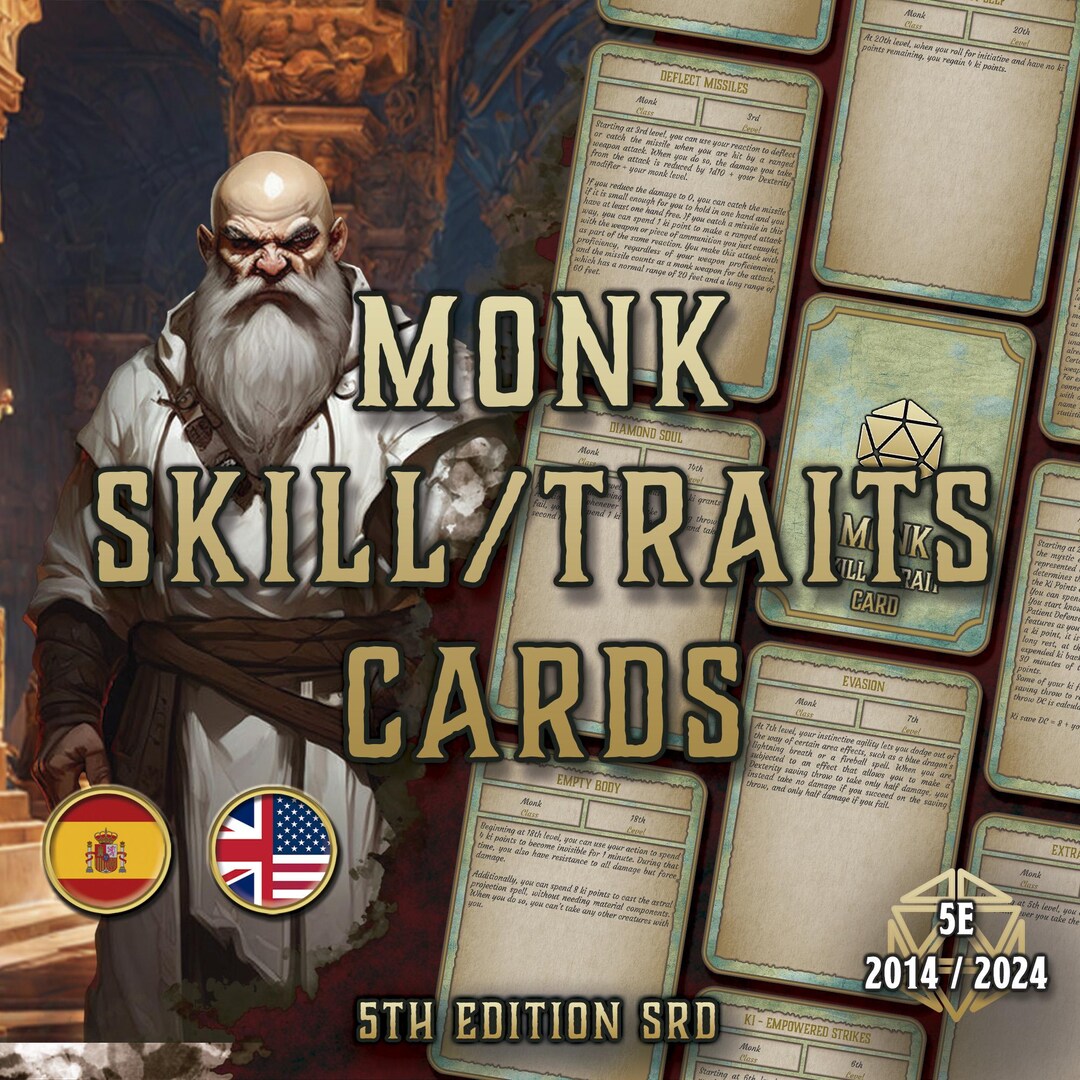 Dnd 5e Monk Class Cards Printable | 5e Skills & Traits PDF 2014–2024 | Fillable Ki Point Tracker ...