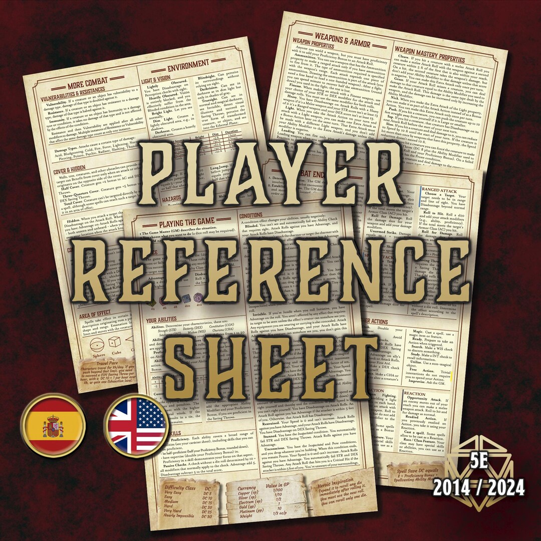 Dnd 5e Player Reference Cheat Sheet Printable | 5e Rules Summary PDF | Combat and Spell Guide ...
