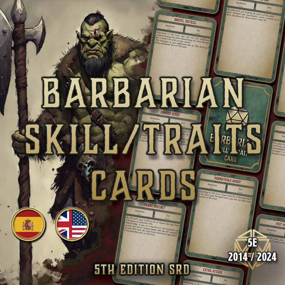 Dnd 5e Barbarian Class Cards Printable | 5e Skills & Traits PDF 2014–2024 | Fillable Rage ...