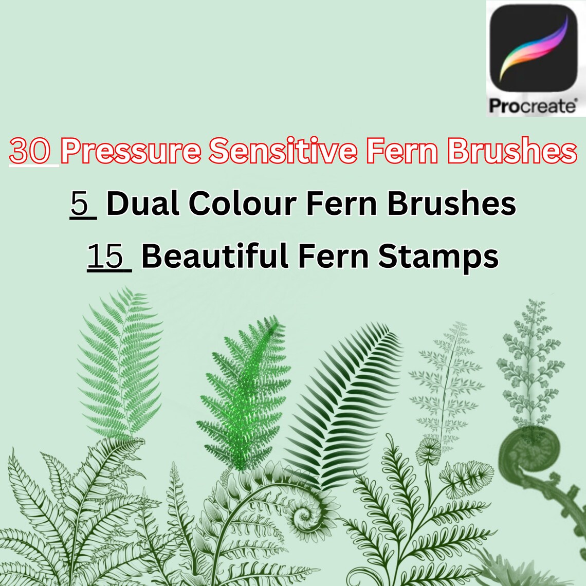 Natural Fern Procreate Brushes (50+) and Stamps, Greenery Brushes ...