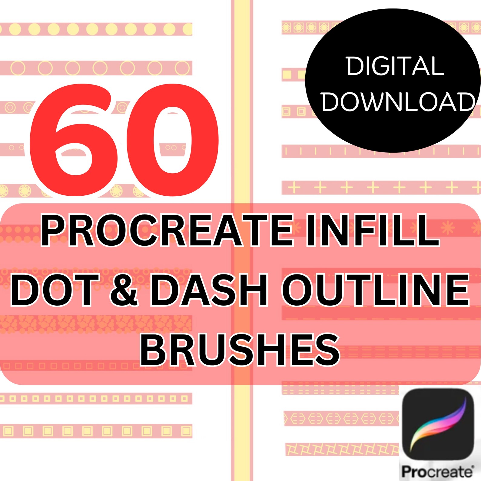 60 Dots & Dashes Infill Procreate Brushes, Polka Dots, Border Line ...