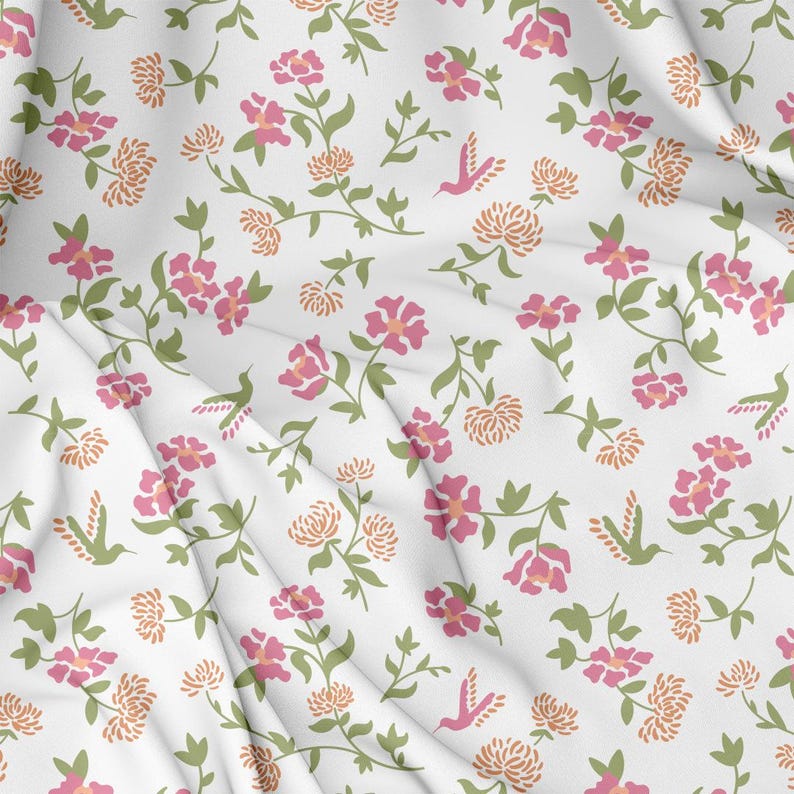 Floral Seamless Pattern Pink Flowers With Leaves & Fly Hummingbirds ...