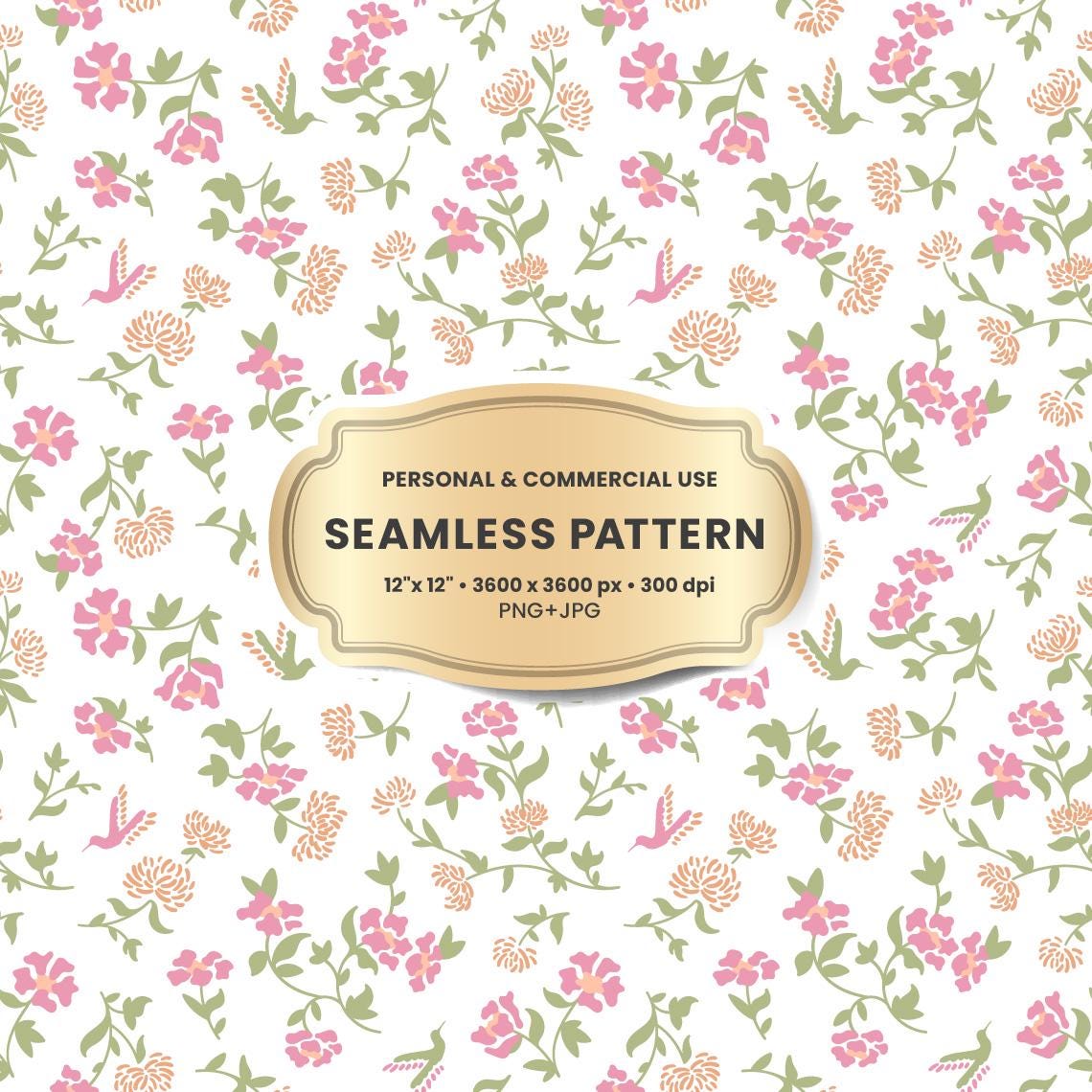 Floral Seamless Pattern Pink Flowers With Leaves & Fly Hummingbirds ...