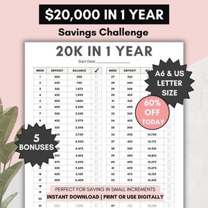 20000 in 1 Year Savings Challenge, 20k in 52 Weeks Challenge Worksheet ...