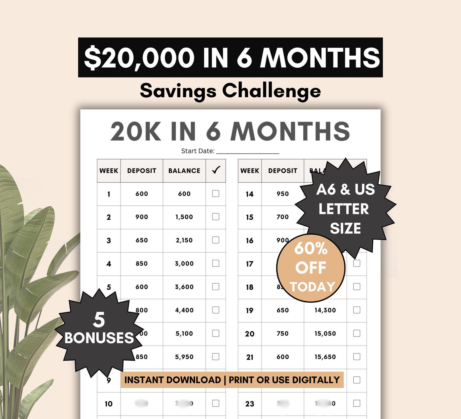 20000 Savings Challenge 20k in 6 Months Challenge Savings Tracker 26 ...