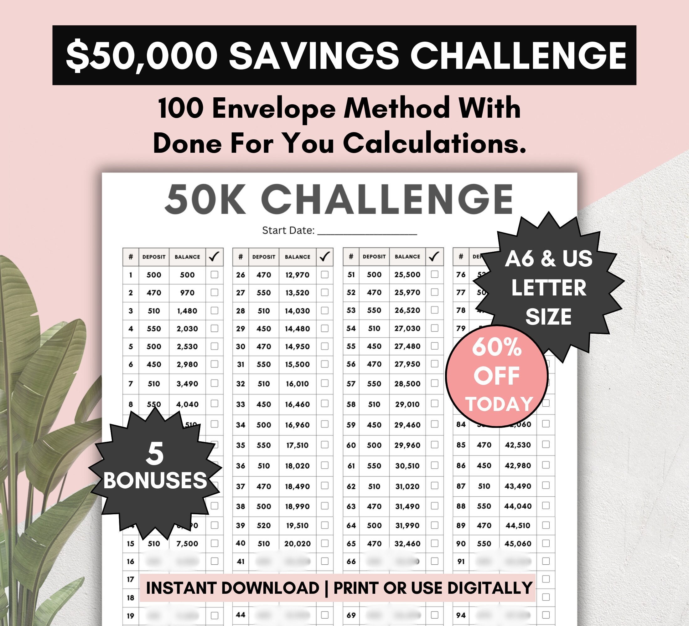 50,000 Savings Challenge, Save 50k Challenge, 100 Envelope Challenge ...