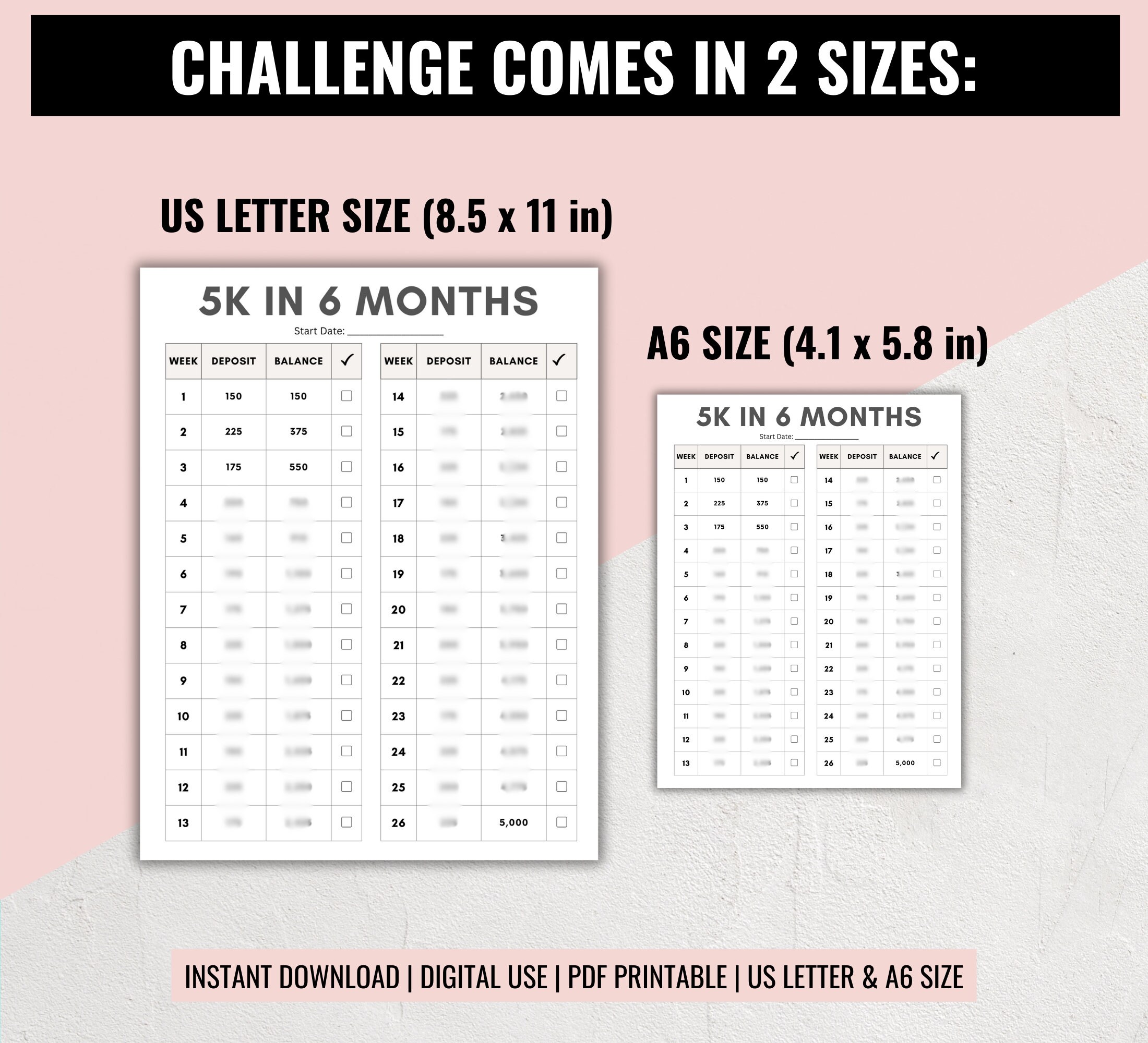 5000 Savings Challenge Worksheet, Save 5k in 6 Months Months, 5k in 26 ...