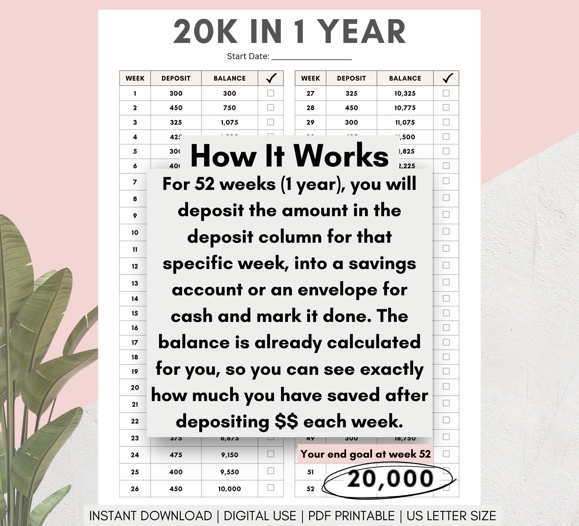 20000 in 1 Year Savings Challenge, 20k in 52 Weeks Challenge Worksheet ...