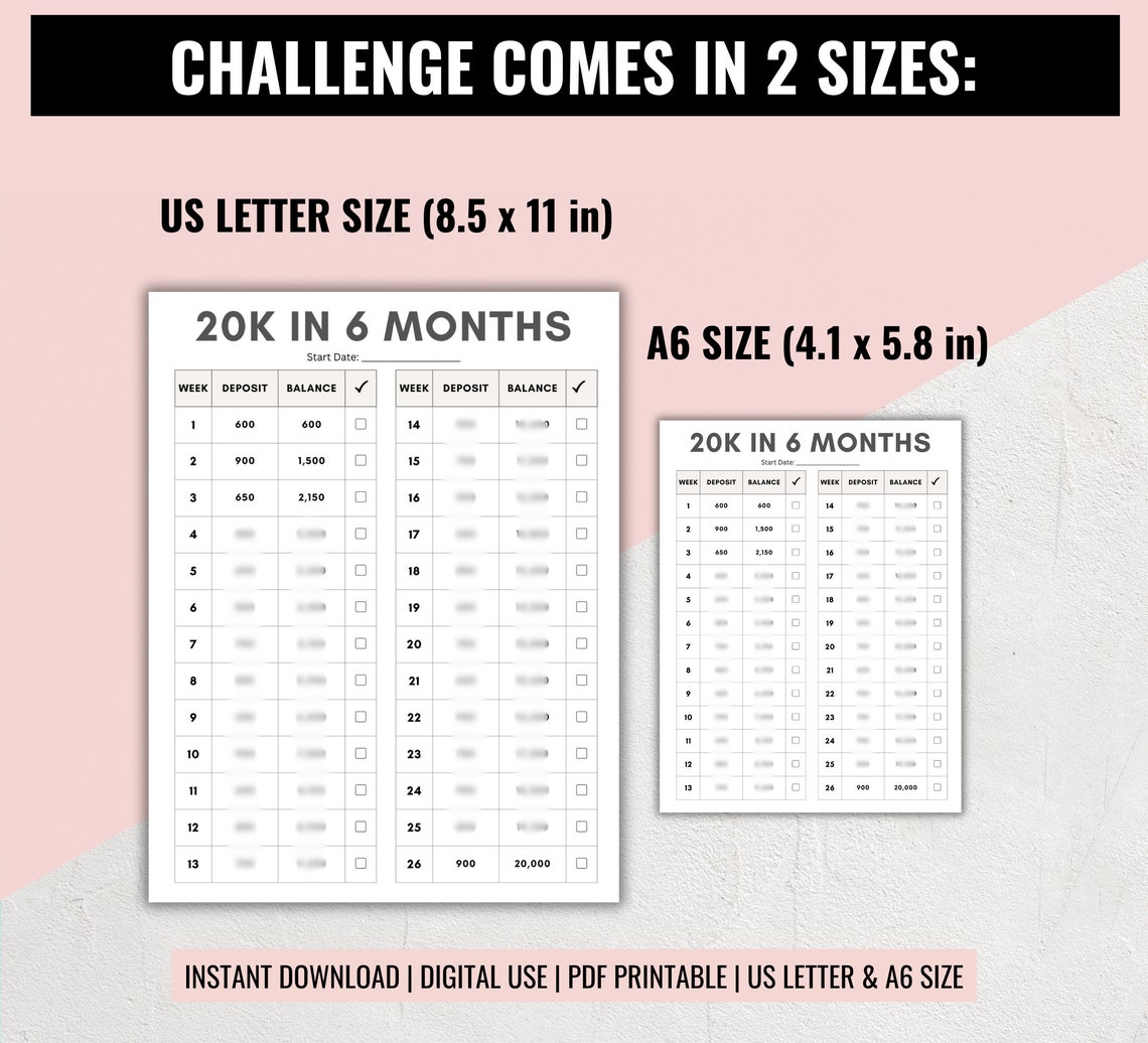 20000 Savings Challenge 20k in 6 Months Challenge Savings Tracker 26 ...