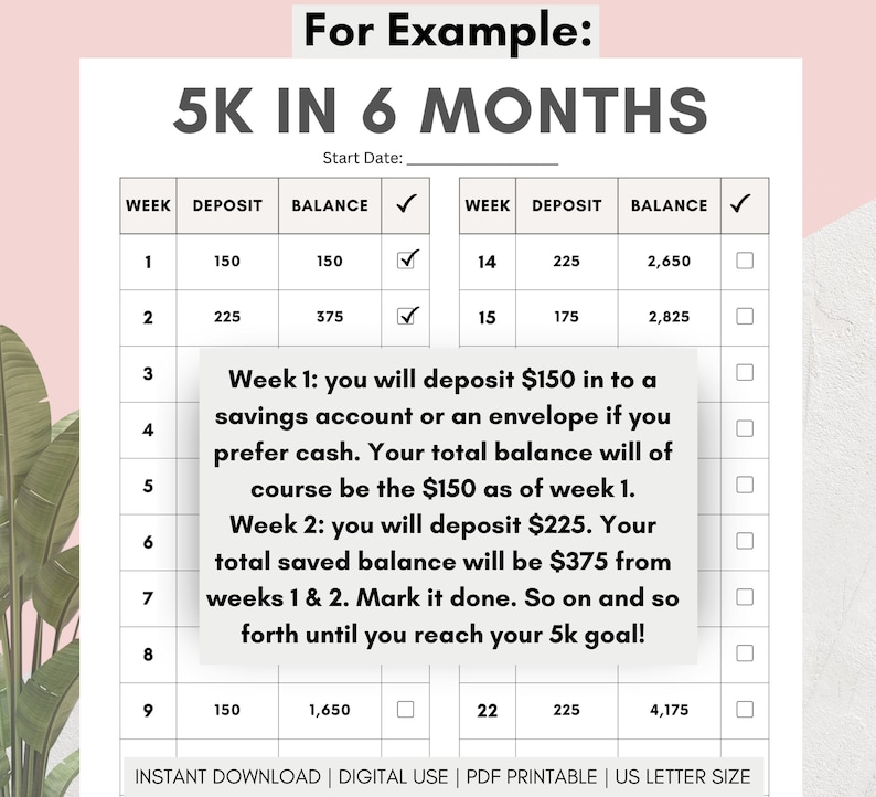 5000 Savings Challenge Worksheet, Save 5k in 6 Months Months, 5k in 26 ...