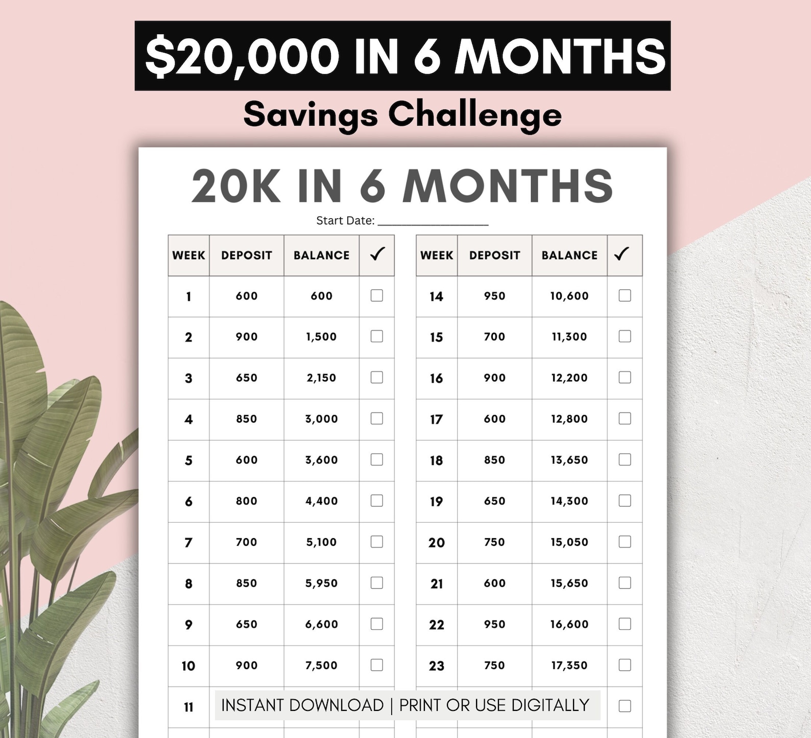 20000 Savings Challenge 20k in 6 Months Challenge Savings Tracker 26 ...