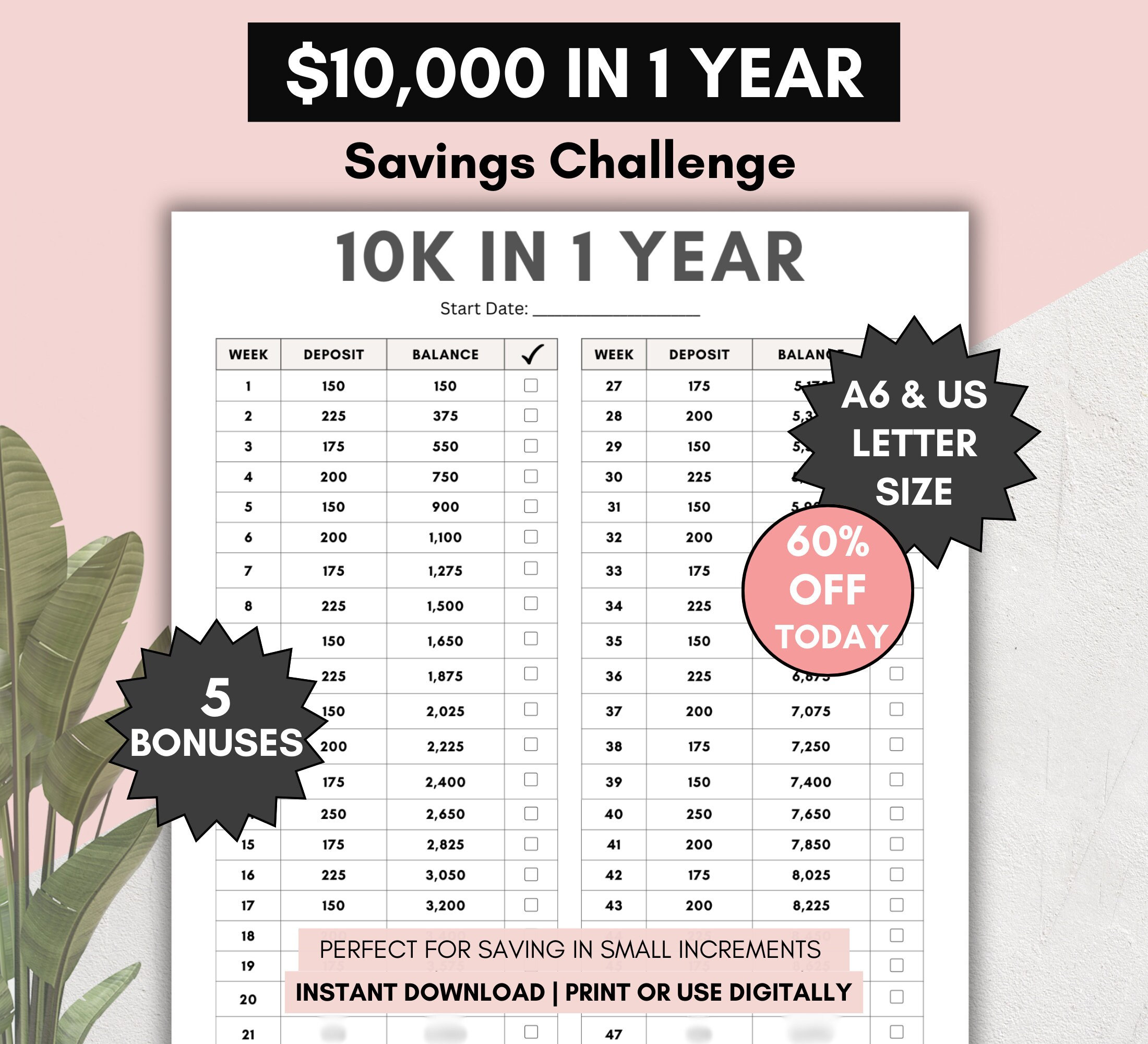 10000 in 1 Year Savings Challenge, Save 10k in 52 Weeks Worksheet ...