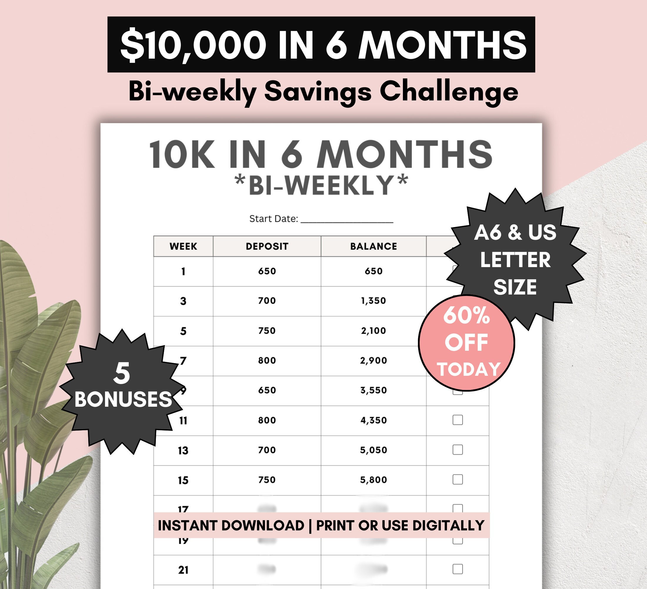 10k Bi-weekly Savings Challenge, Save 10000 in 6 Months Biweekly ...