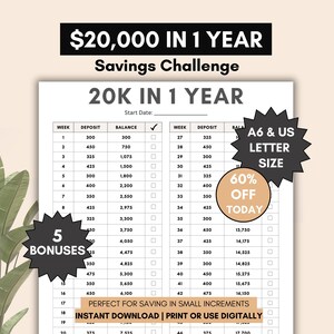 20000 in 1 Year Savings Challenge, 20k in 52 Weeks Challenge Worksheet ...