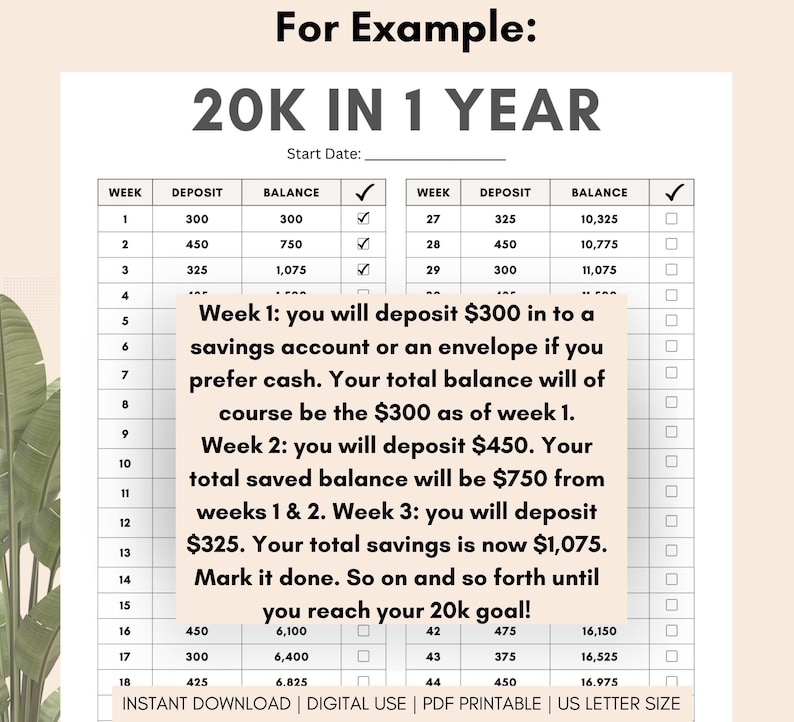 20000 in 1 Year Savings Challenge, 20k in 52 Weeks Challenge Worksheet ...