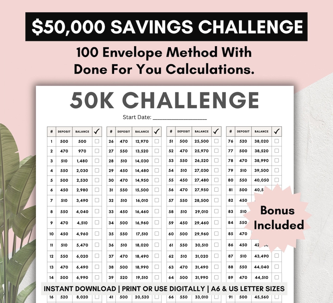 50,000 Savings Challenge, Save 50k Challenge, 100 Envelope Challenge, Saving Money Challenge ...