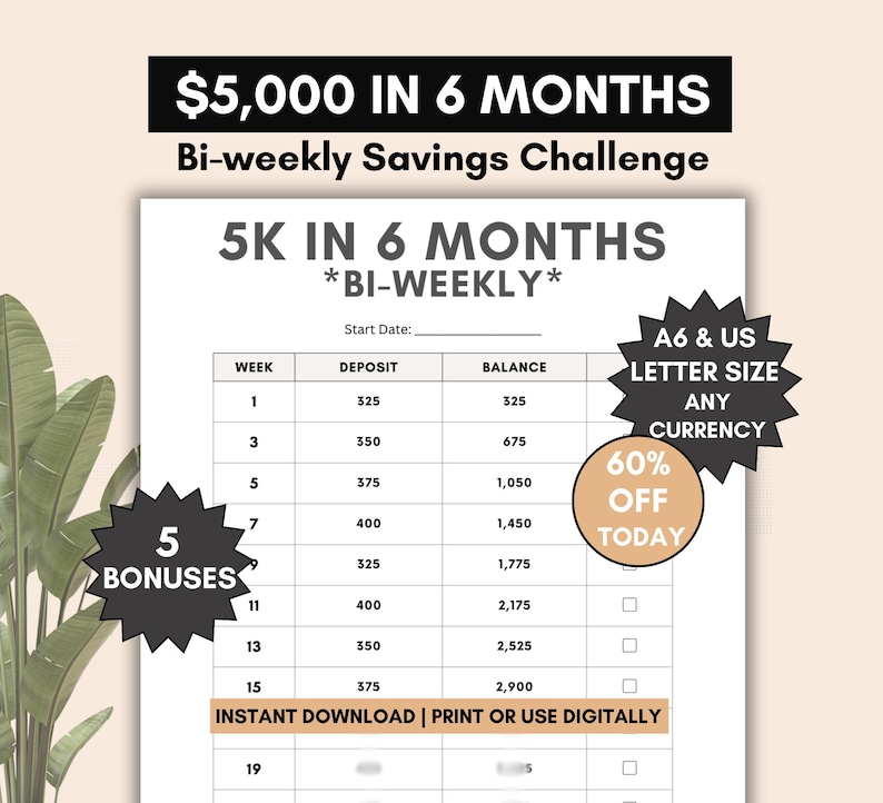 5K Savings Challenge: Bi-weekly Tracker, 6-month Worksheet (PDF) - Etsy