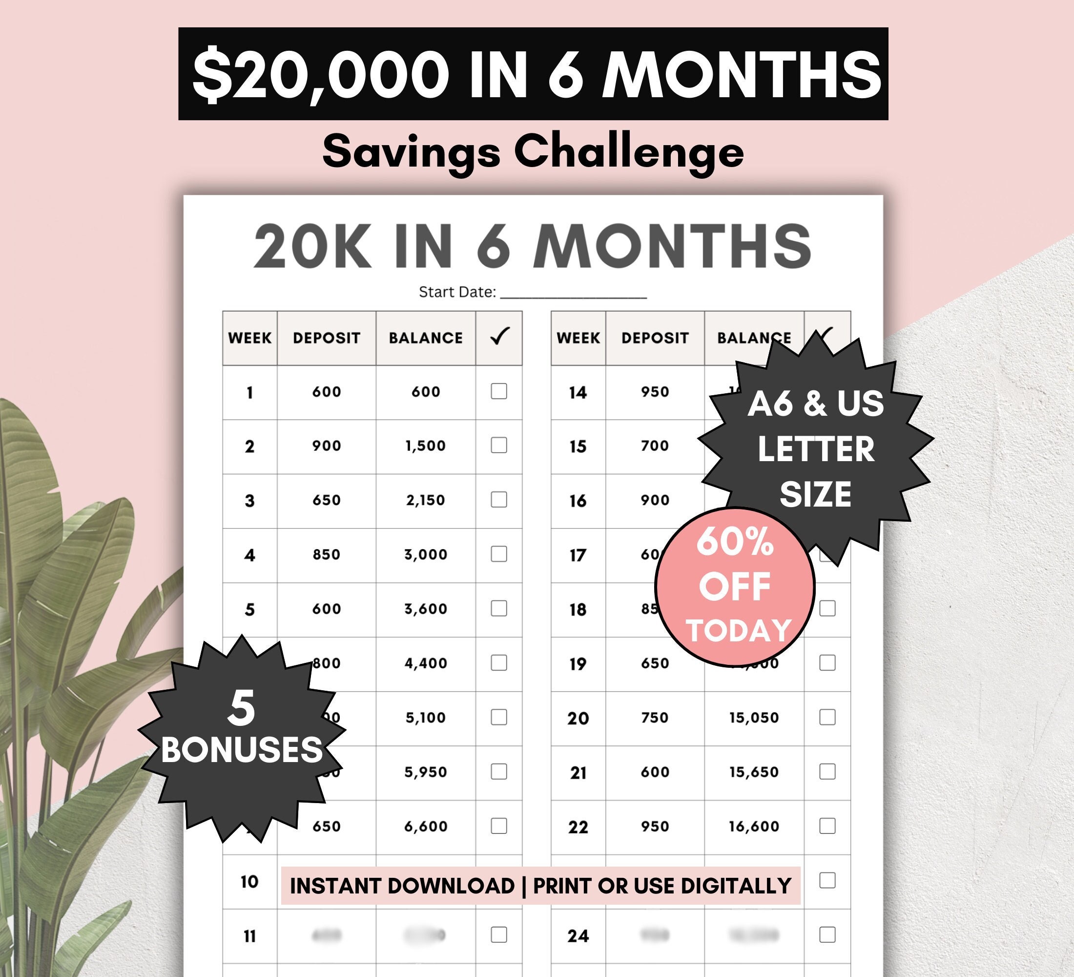 20000 Savings Challenge 20k in 6 Months Challenge Savings Tracker 26 ...