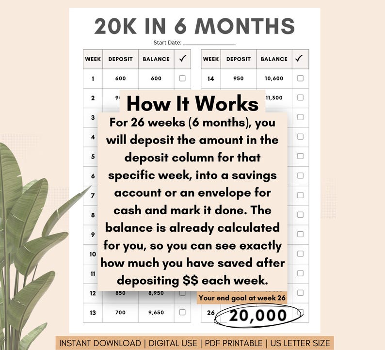 20,000 Dollar Savings Challenge Printable, 6-month Tracker (PDF) - Etsy