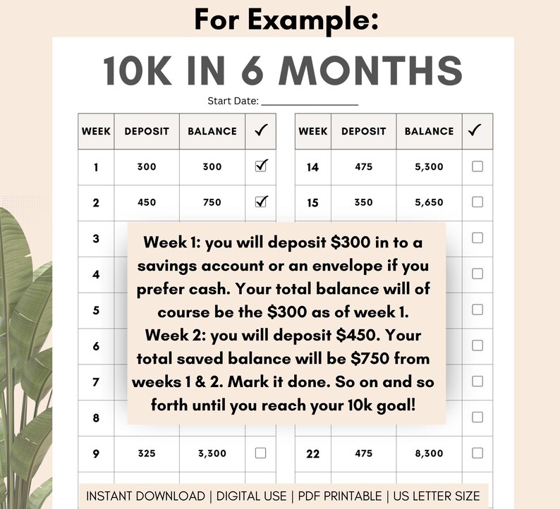 10k Savings Challenge Worksheet, 26 Weeks (PDF) - Etsy