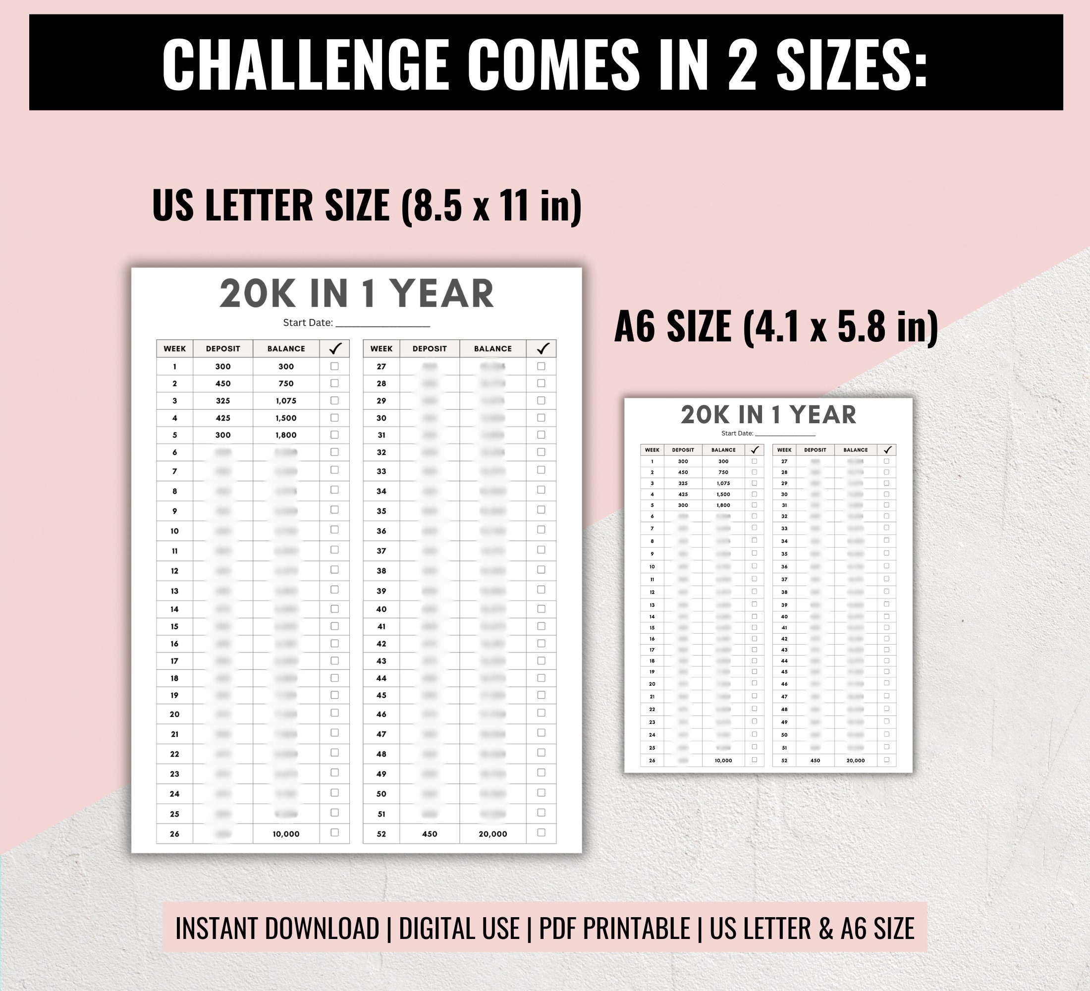 20000 in 1 Year Savings Challenge, 20k in 52 Weeks Challenge Worksheet ...
