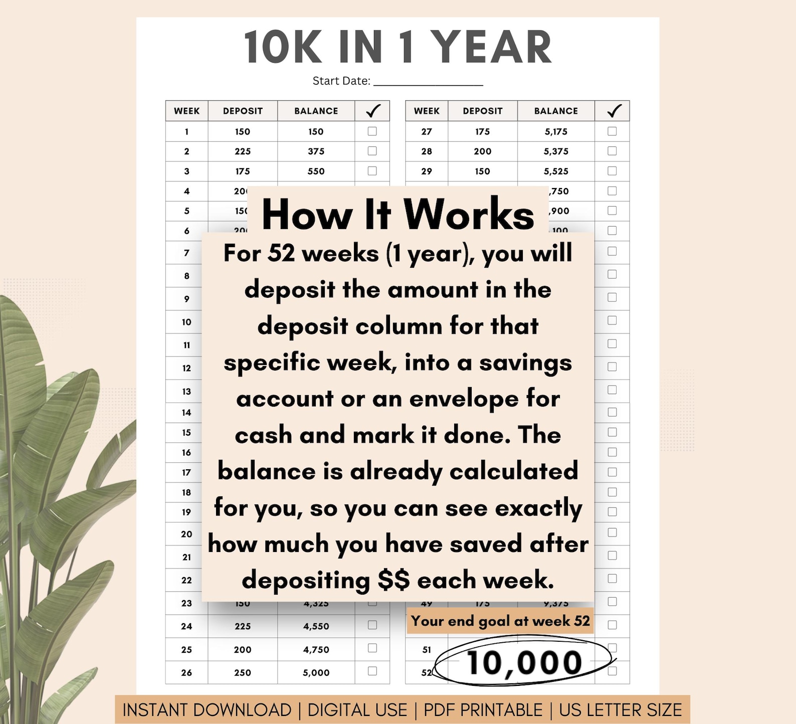 10000 in 1 Year Savings Challenge, Save 10k in 52 Weeks Worksheet ...