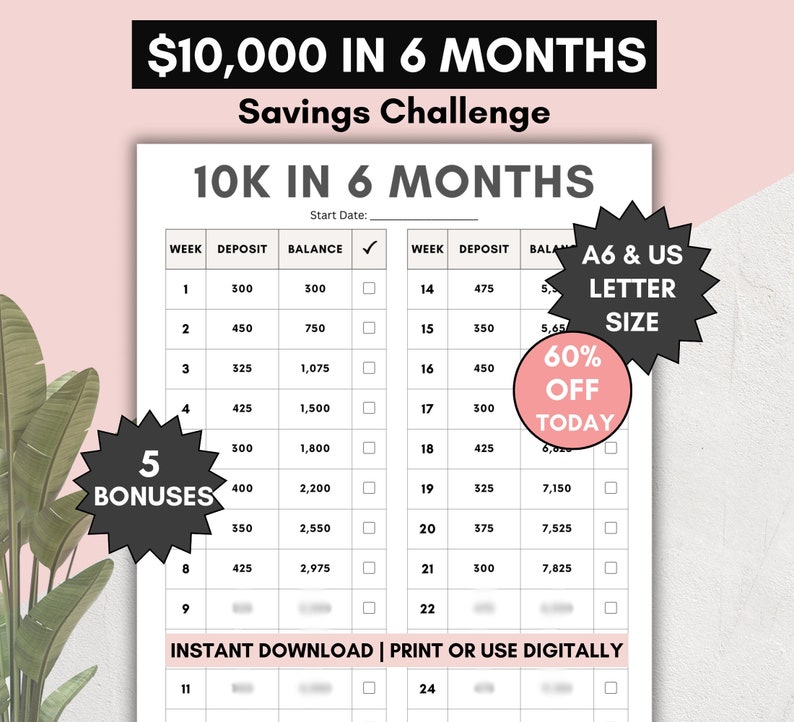 10,000 Savings Challenge, Save 10k in 6 Months, 26 Weeks Savings ...