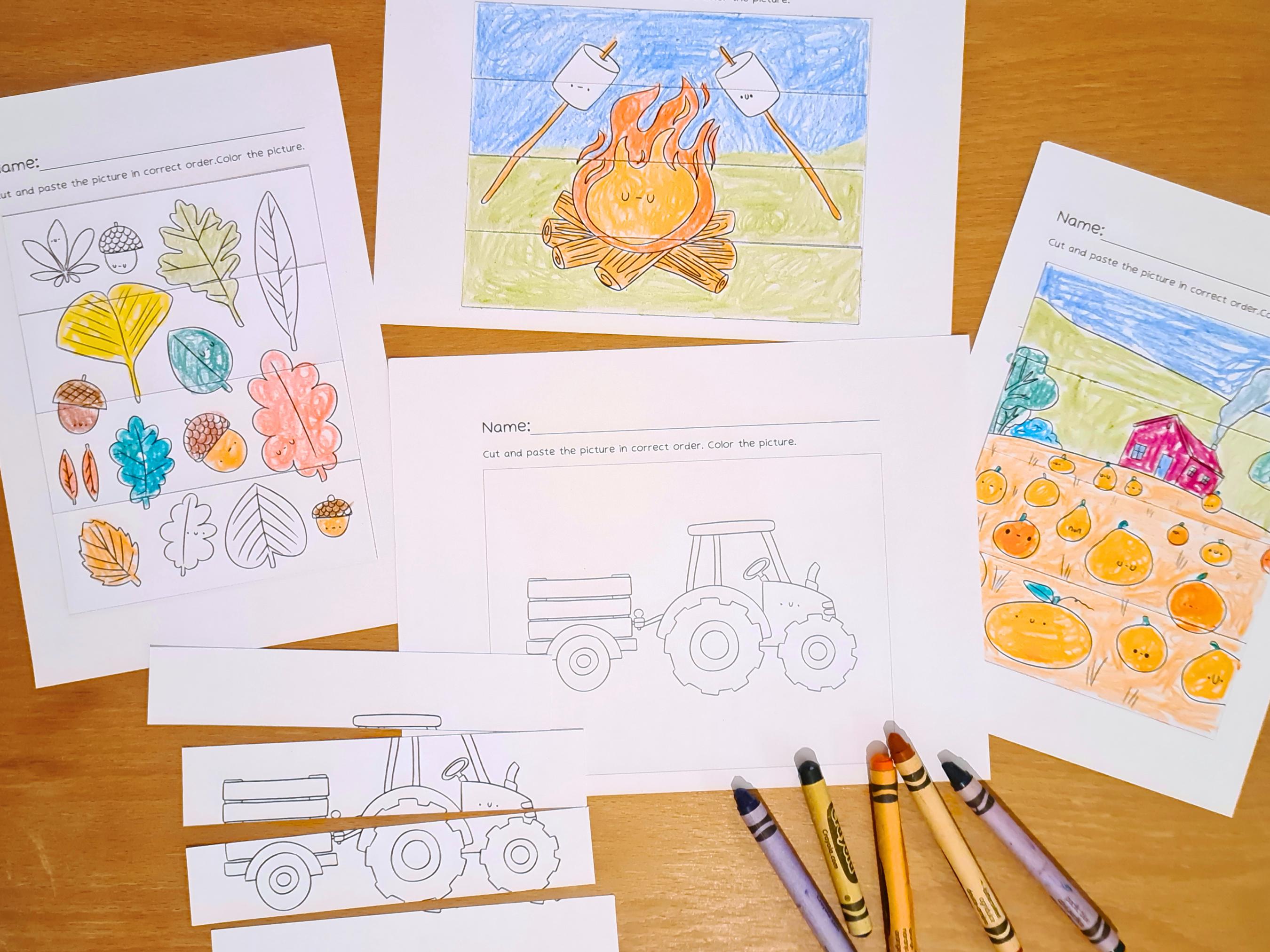 Fall Cutting Practice Puzzles for Preschool Scissor Skill Fall Coloring ...