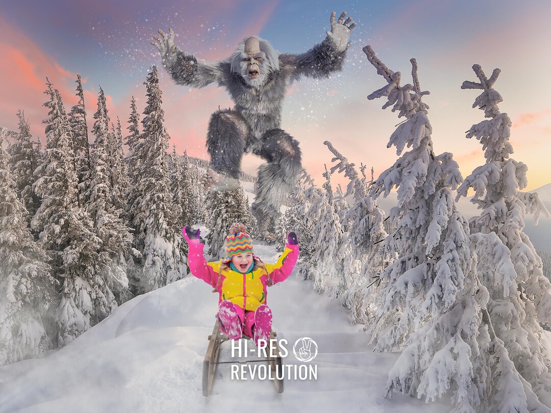 Snowy Yeti Sledding Scene: Holiday Digital Background (PSD) - Etsy