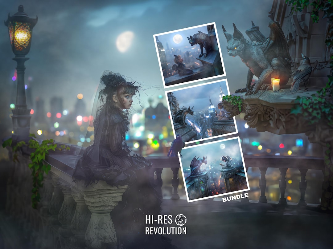 Gothic Gargoyles Background Bundle Photoshop Digital Backdrop Full Moon ...