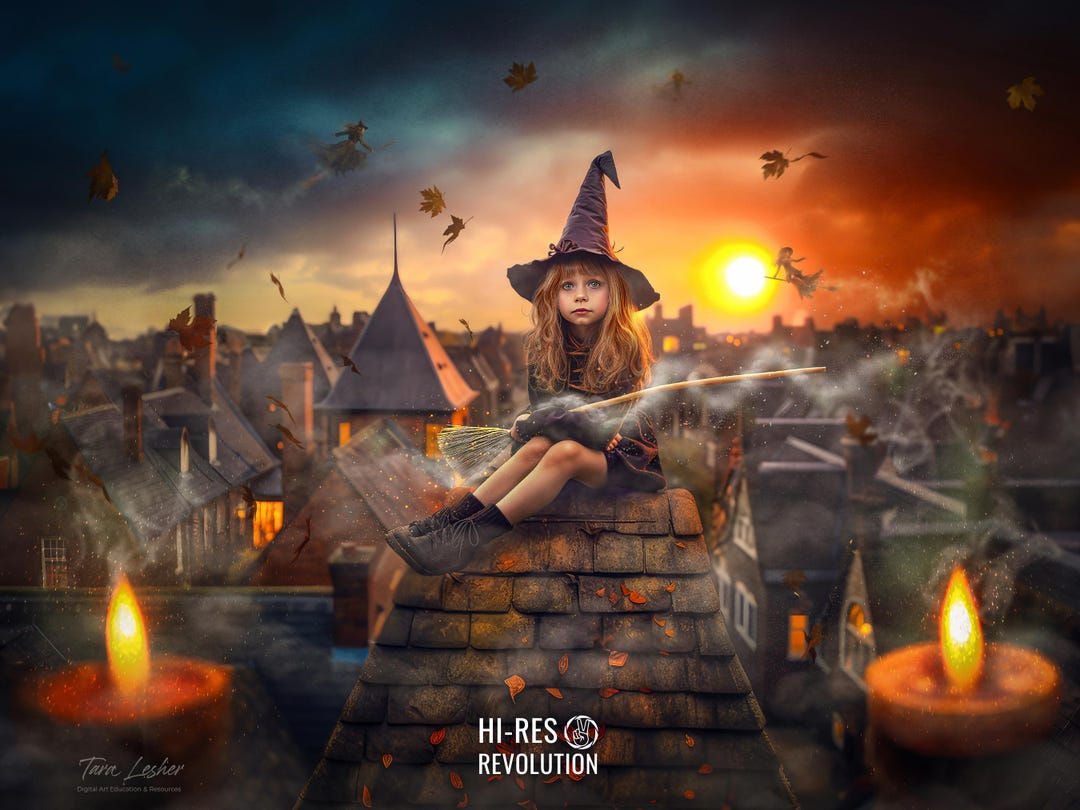Witchy Rooftop Sunset: Halloween Digital Backdrop (PSD) - Etsy