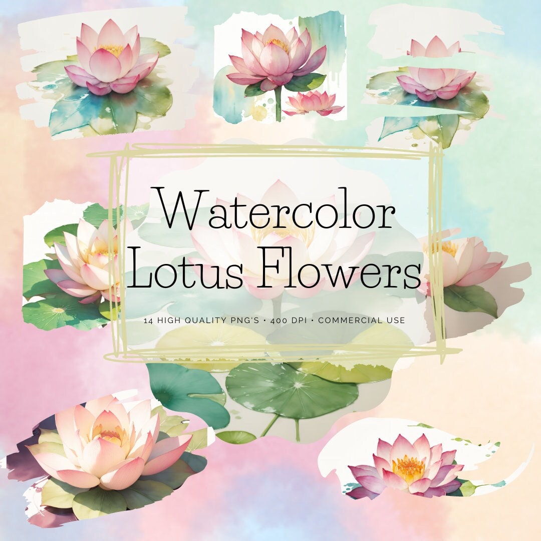 Lotus Flowers Clipart Bundle, 14 High Quality Png's, Aquarel ...