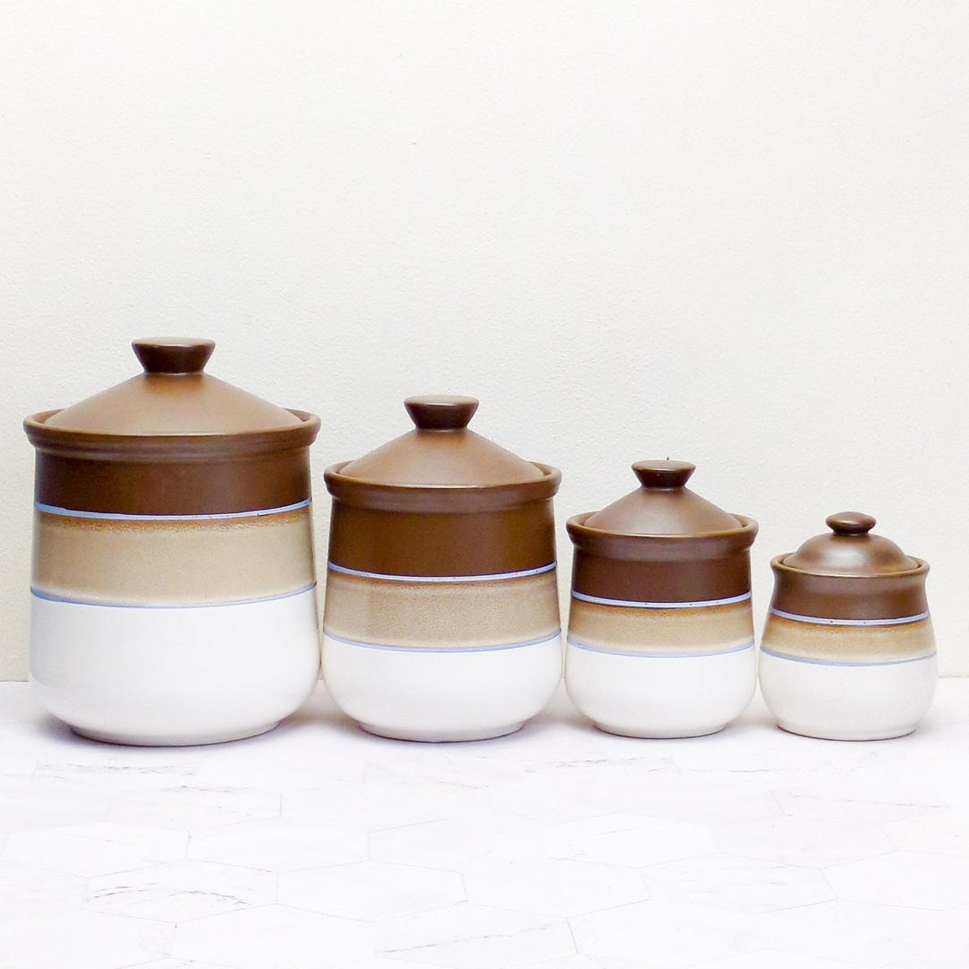 Vintage Graduated Size Japanese Stoneware Lidded Canisters, Brown Tan ...