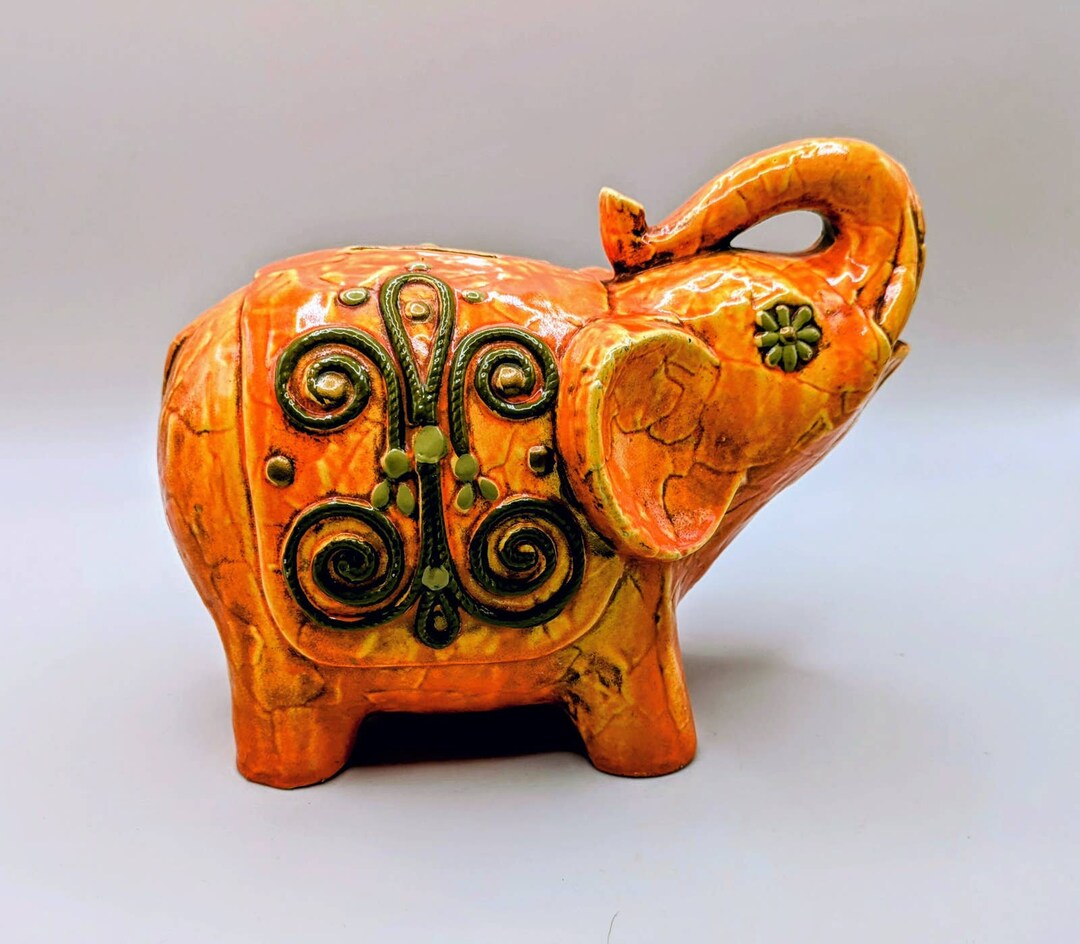 Vintage Fitz & Floyd Orange Green Elephant Coin Bank W/rubber Stopper ...